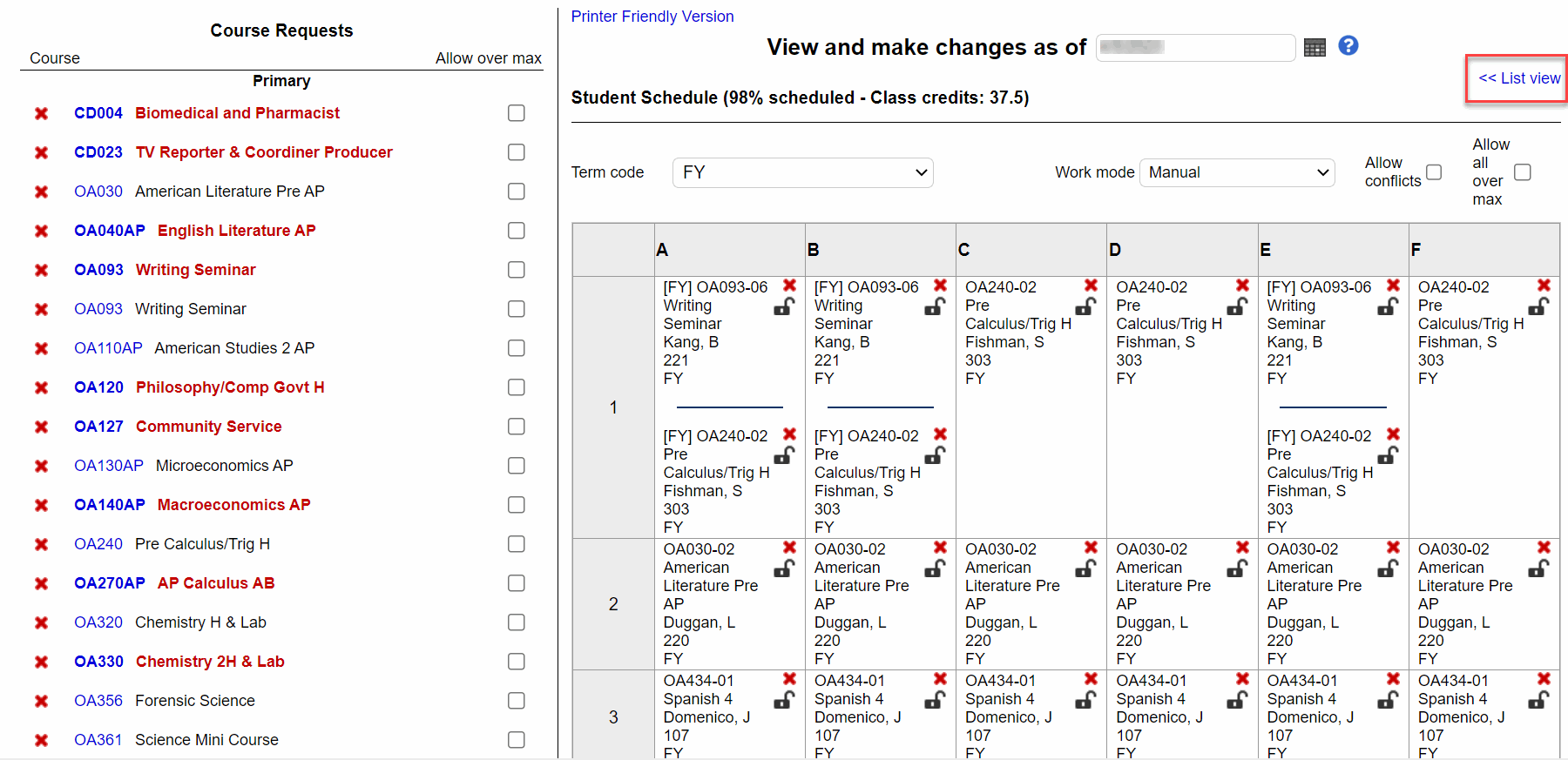 Making Changes to a Student's Schedule